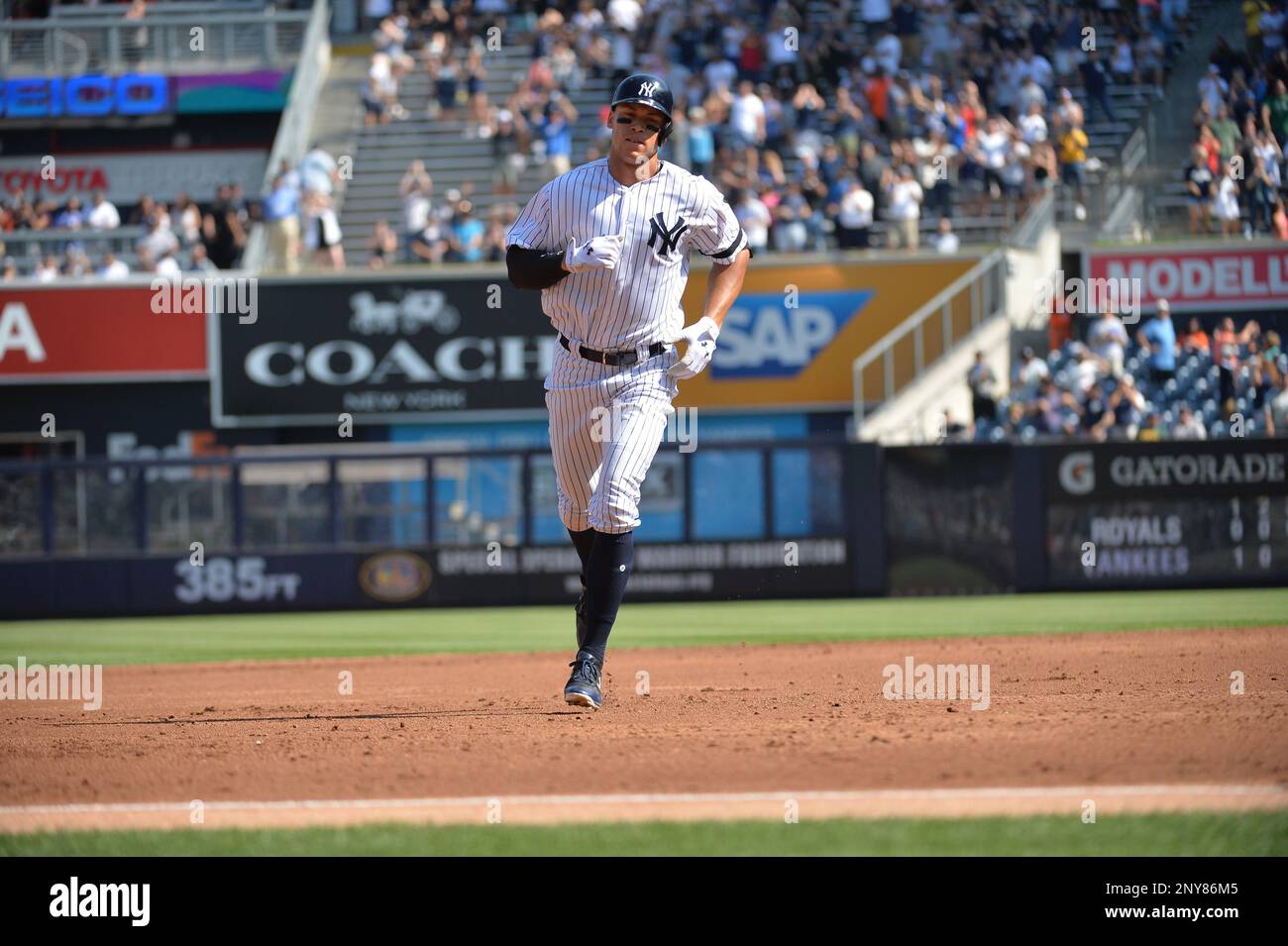New York Yankees outfielder Aaron Judge (99) hits his 49th home run of ...