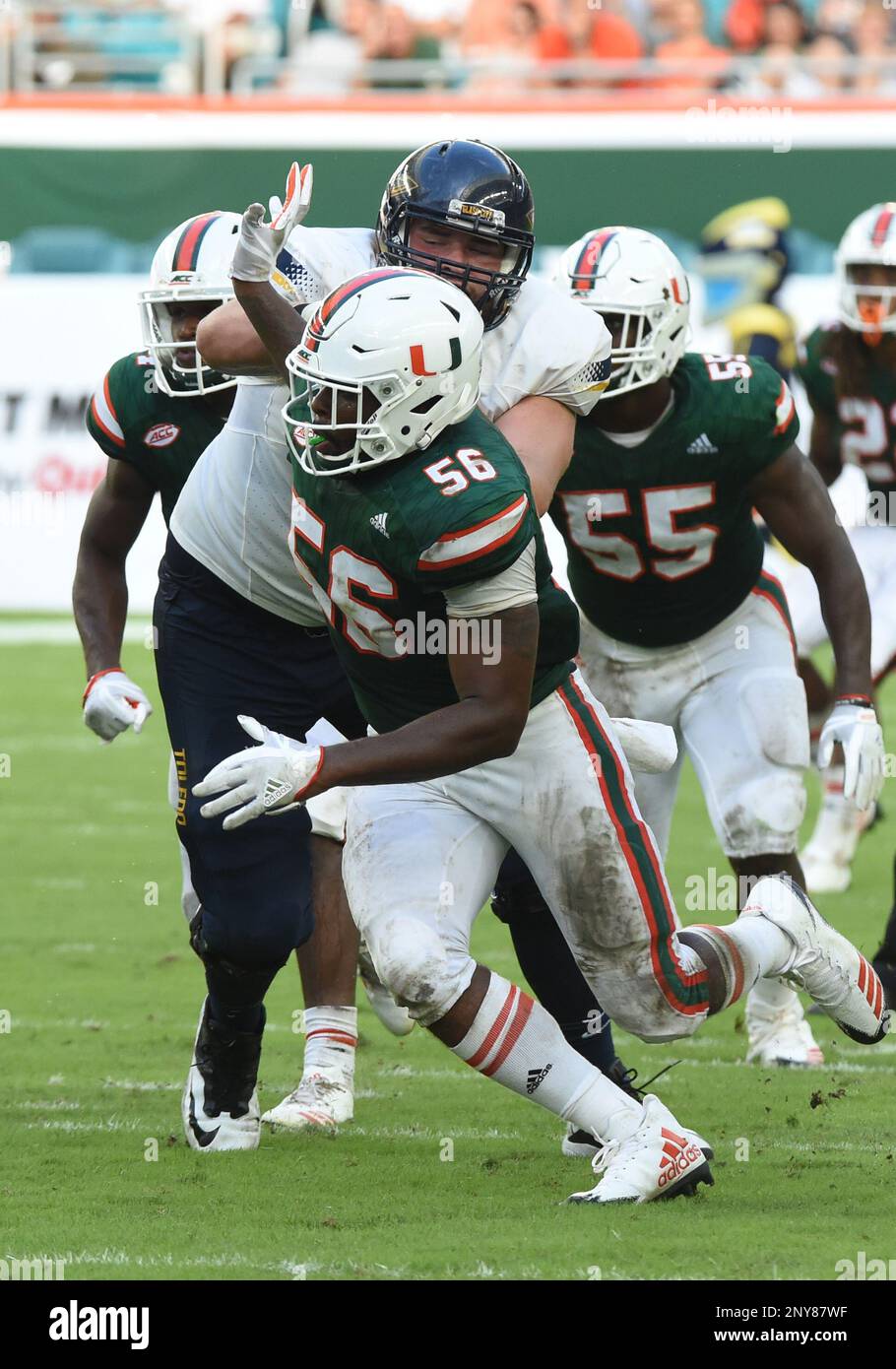 Miami linebacker Mike Pinckney (56) rushes the pocket against Toledo ...