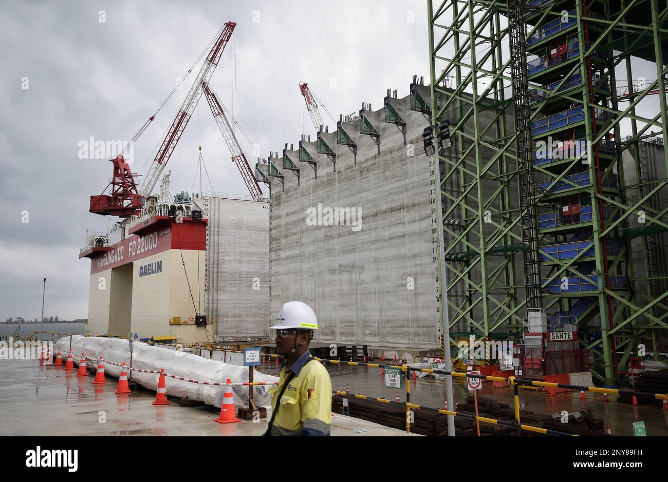 Two completed caissons, one of which is in the floating dock (left ...