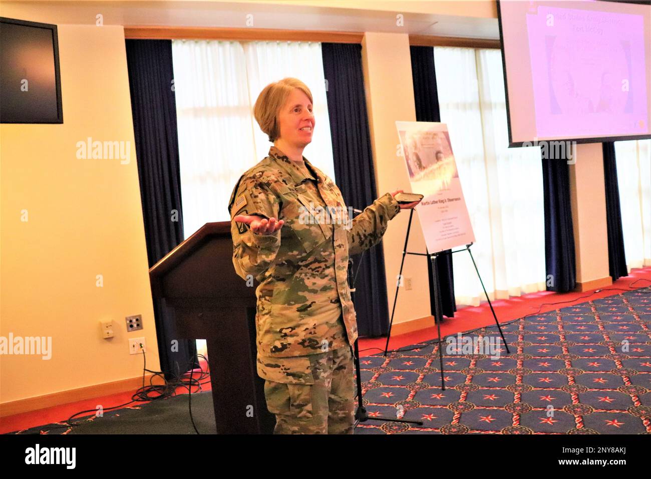 Chaplain (Lt. Col.) Amy Noble with the Fort McCoy Garrison Religious Support Office gives the ...