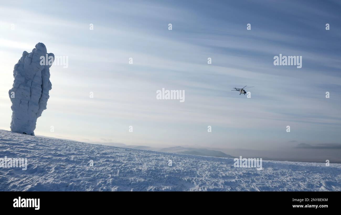 Helicopter flying above snow covered forest on a blue ske background ...