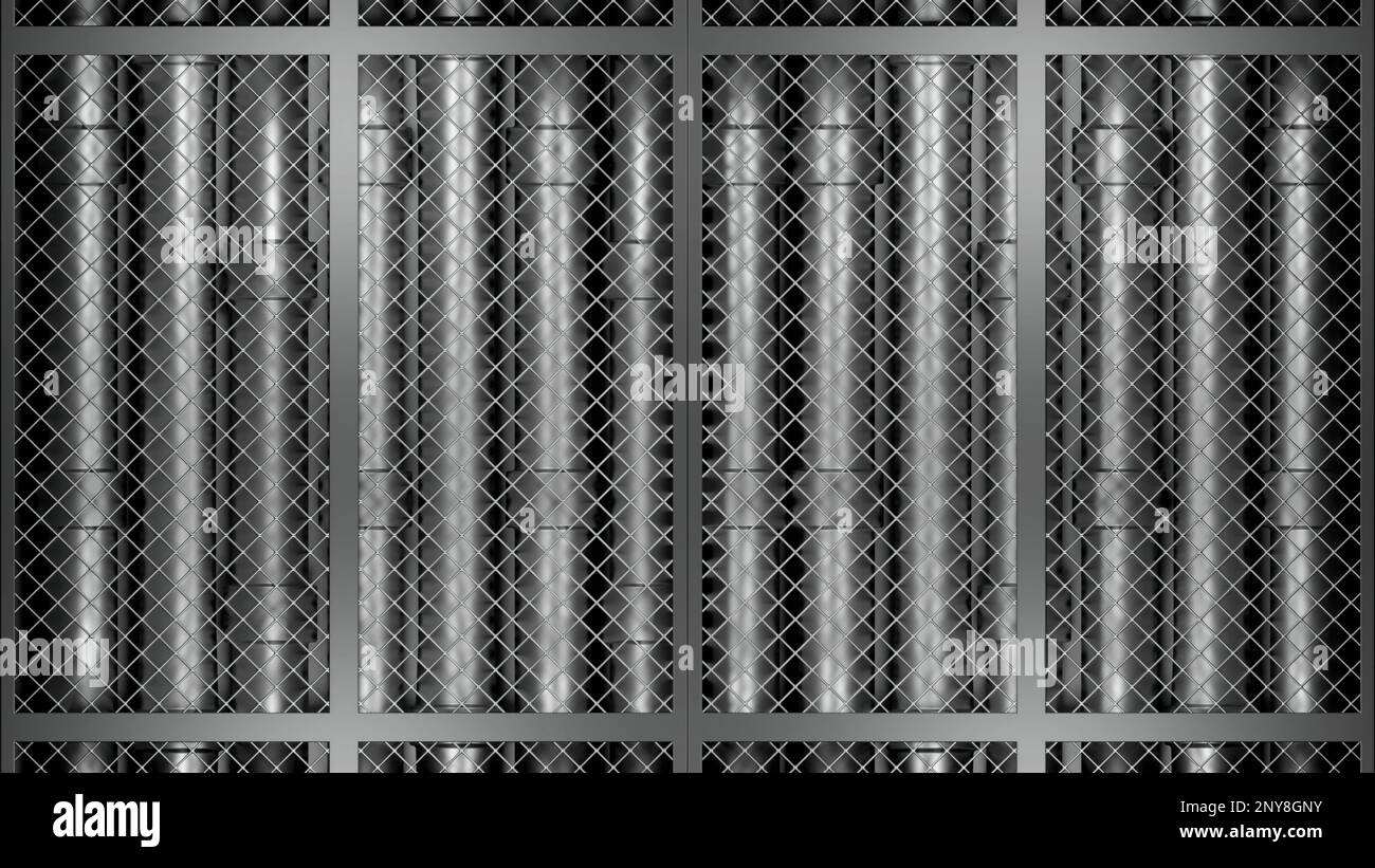 Abstract rows of metal pipes behind metal grid. Design. Abstract ...