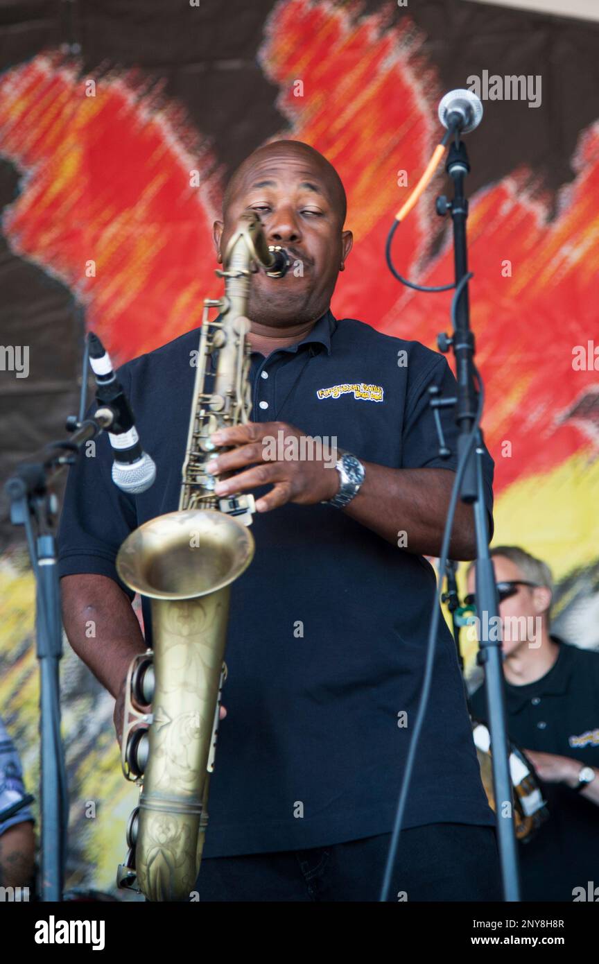 Roderick Paulin of the Forgotten Souls Brass Band performs during the ...