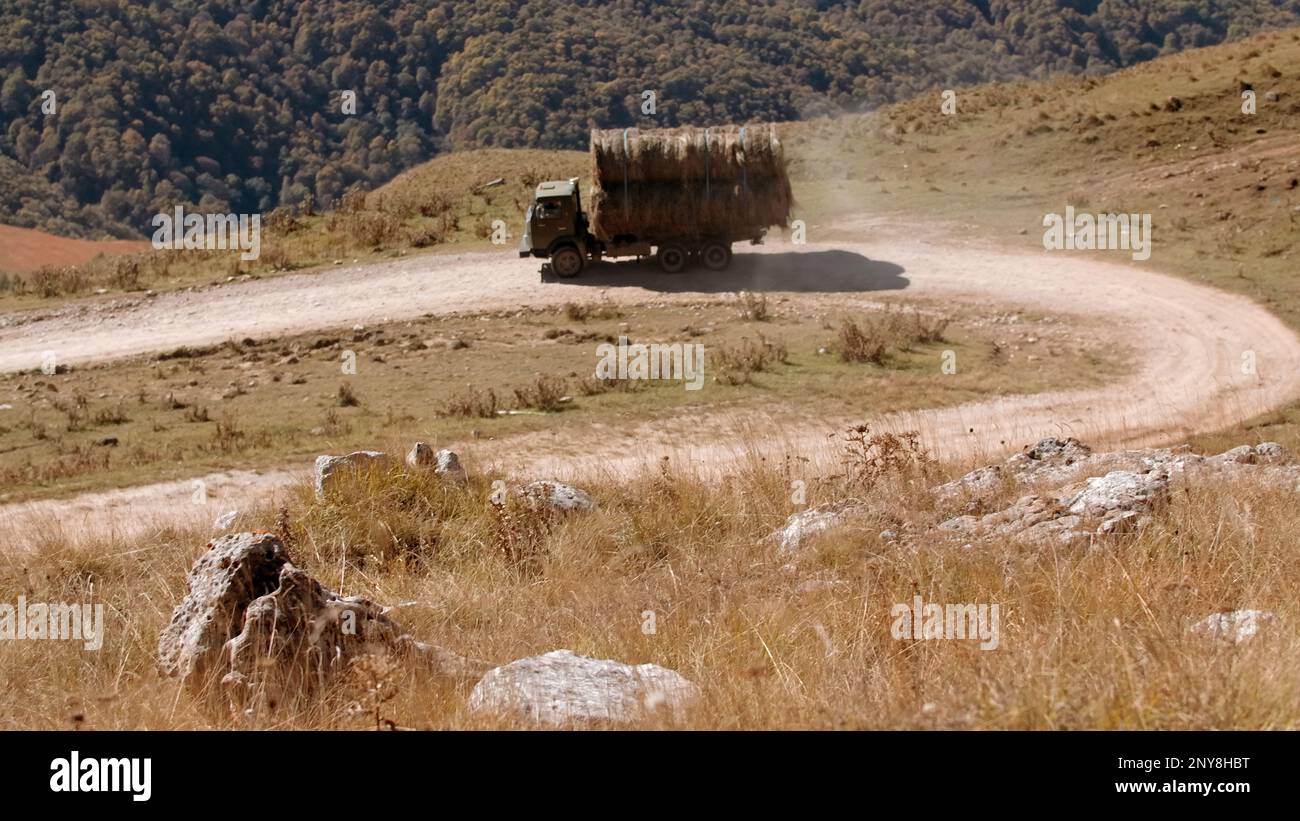 Vehicle loaded by haystacks passing at rural area. Creative. Sunny day ...