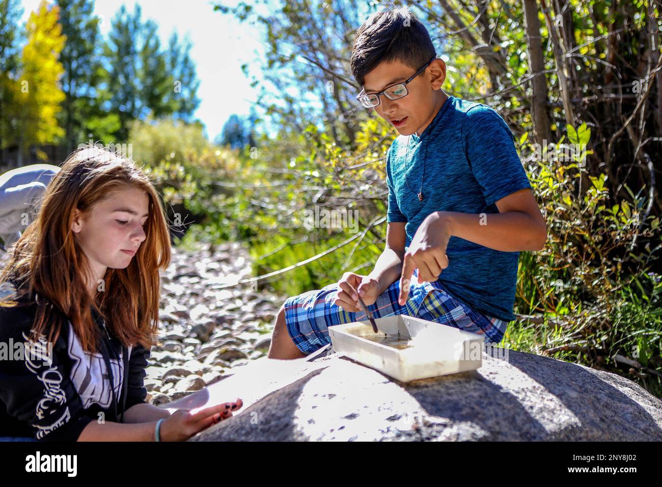 Daniel Velasco points out the macro invertebrates to Addie Wilson while ...