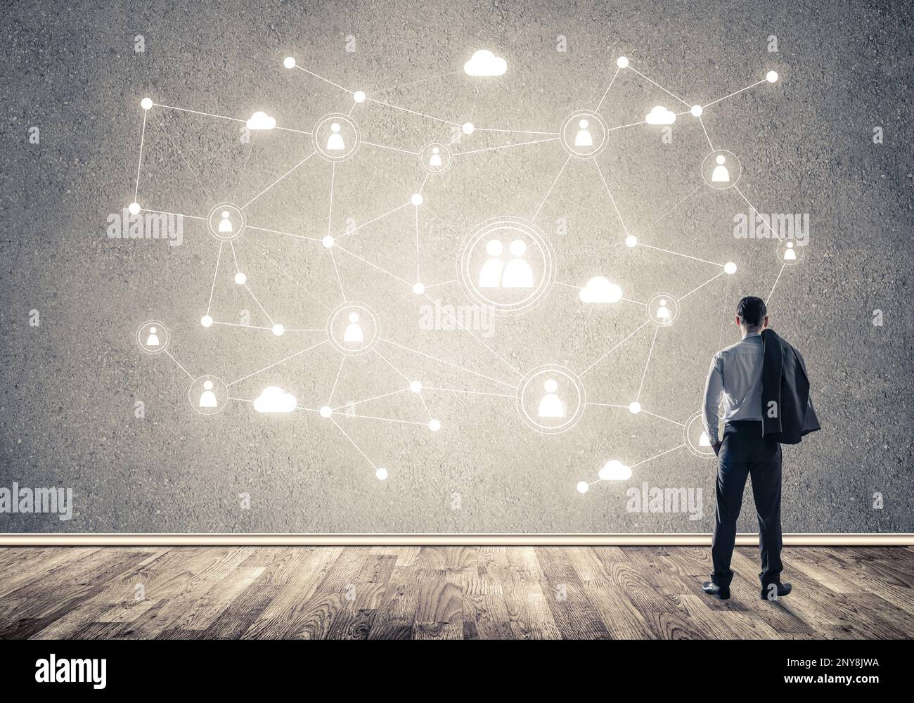 Connection lines drawn on concrete wall as symbol for networking Stock ...