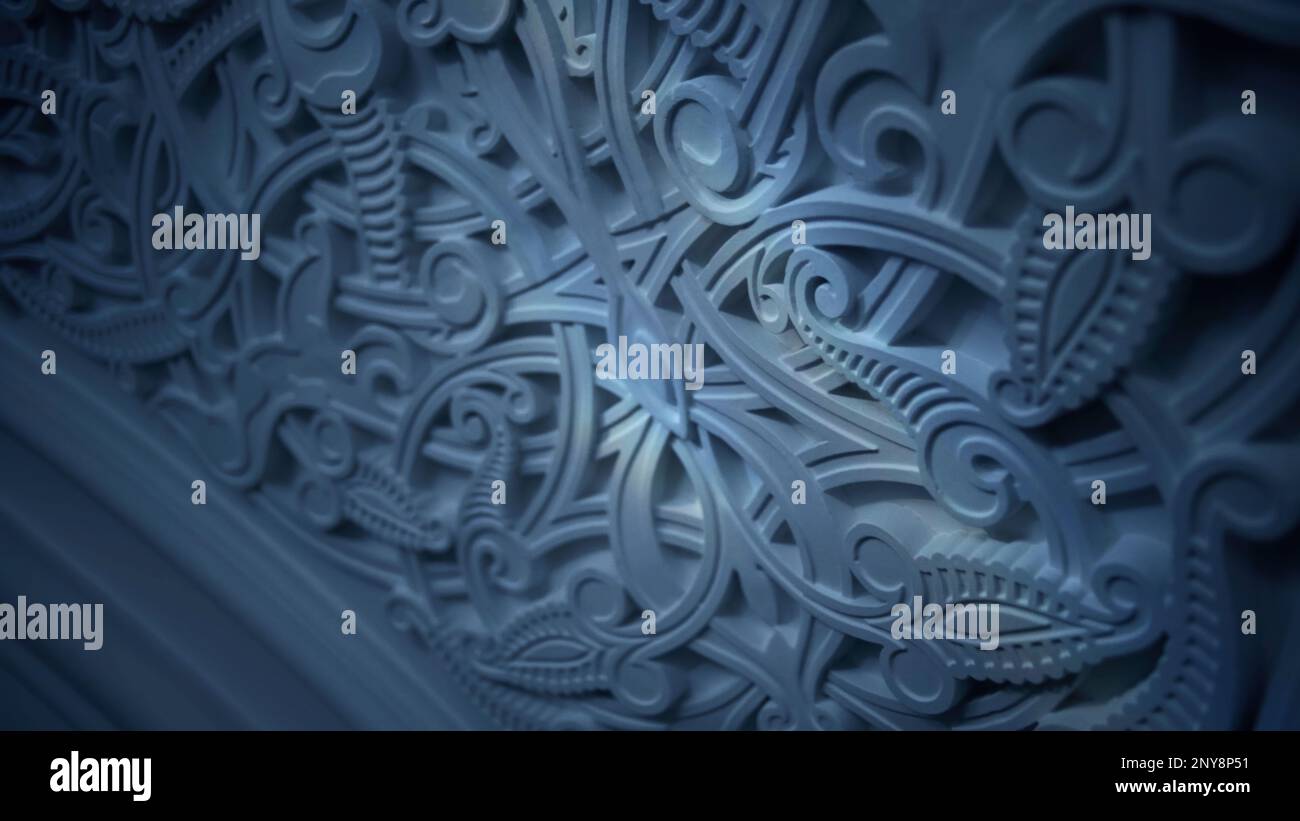 Decorative item made of white plaster on the wall. Scene. Beautiful ...