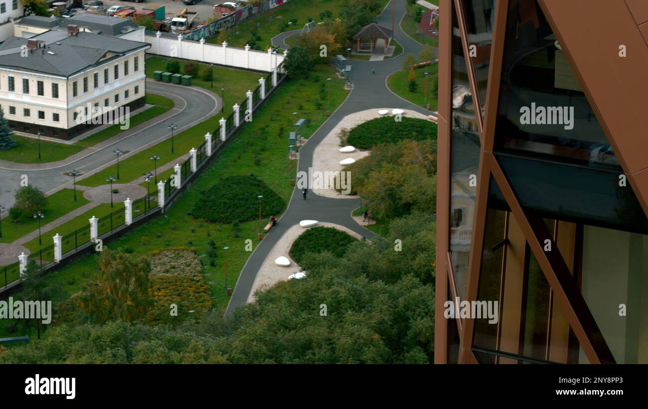 Aerial view of details of a new skyscraper of bronze color. Stock ...