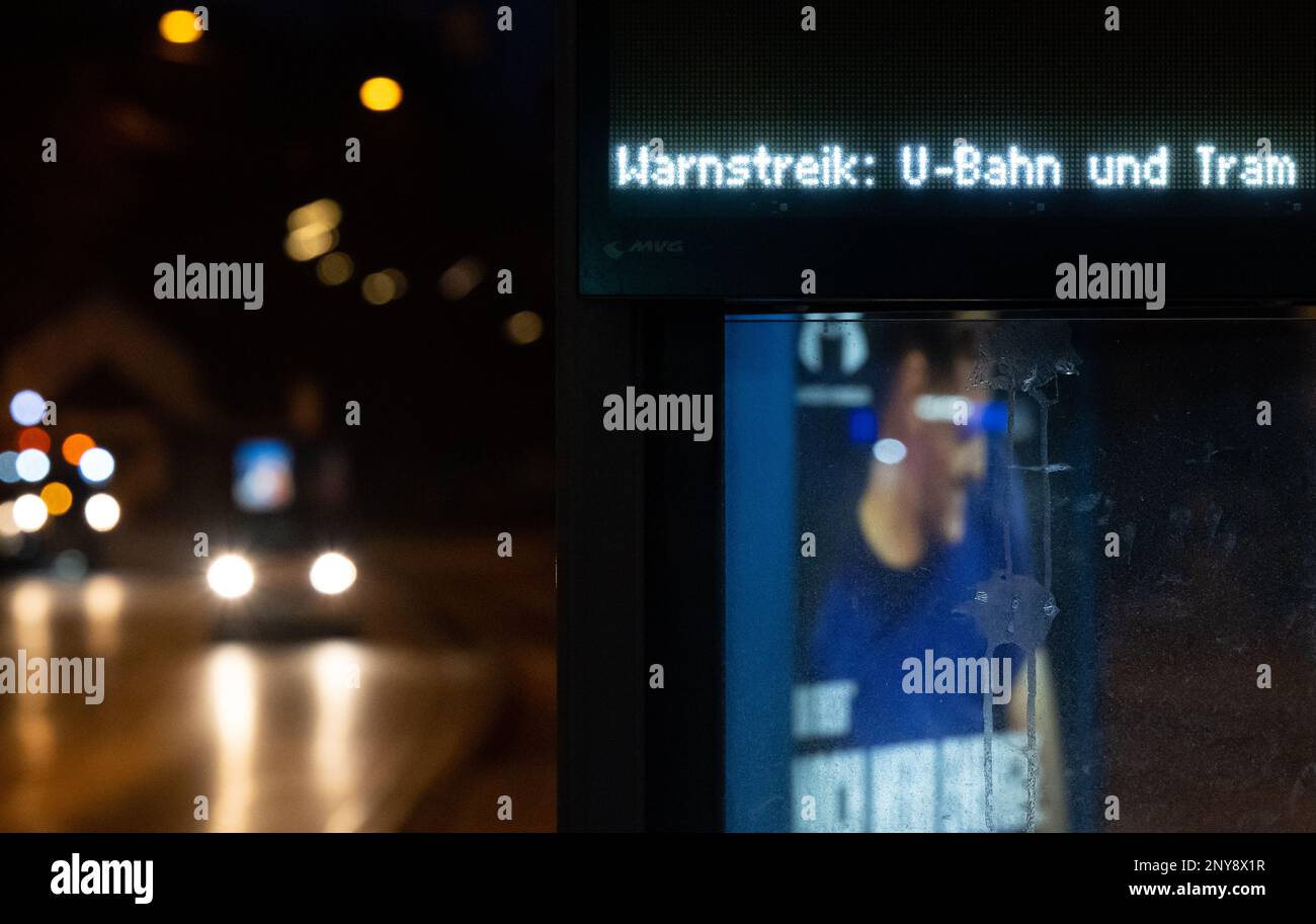 Munich, Germany. 02nd Mar, 2023. An info screen with the words "Warning ...