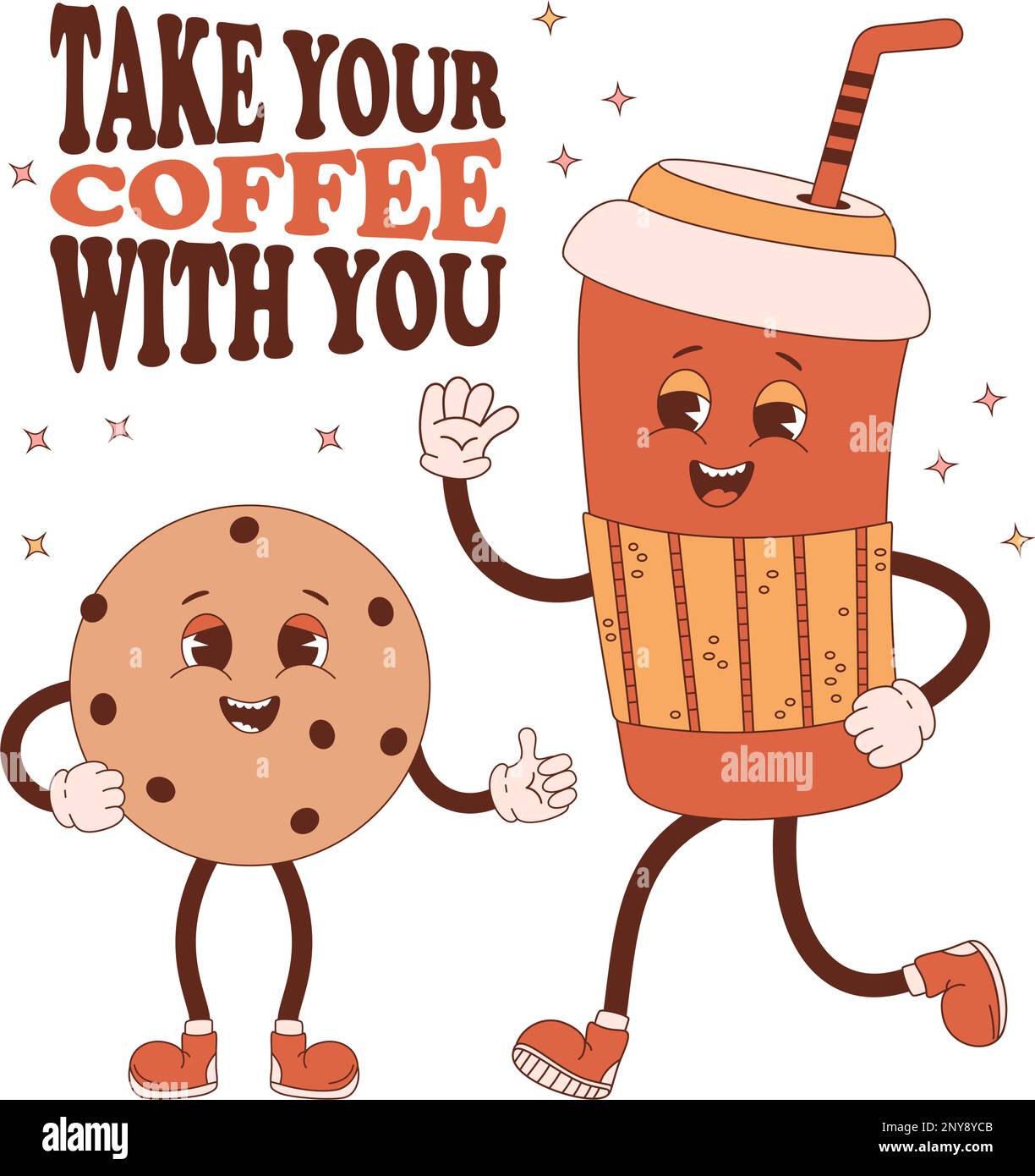 Cute couple retro characters. Coffee in paper cup takeaway and ...