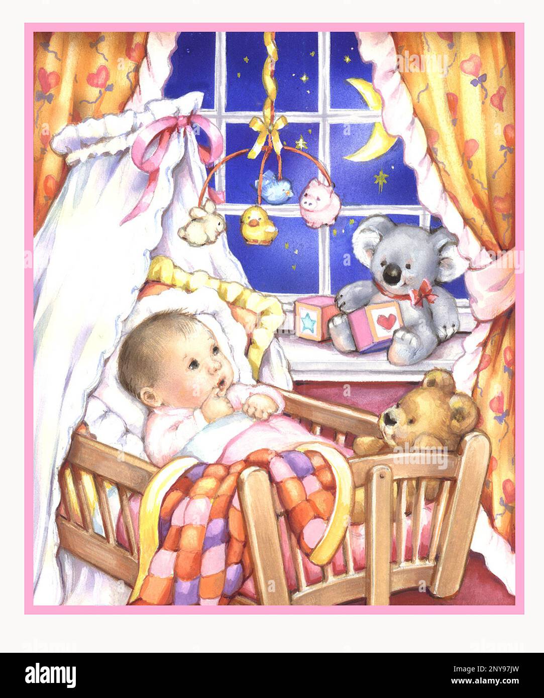 Baby-nursery baby girl in cot with toys in front of window in pink ...