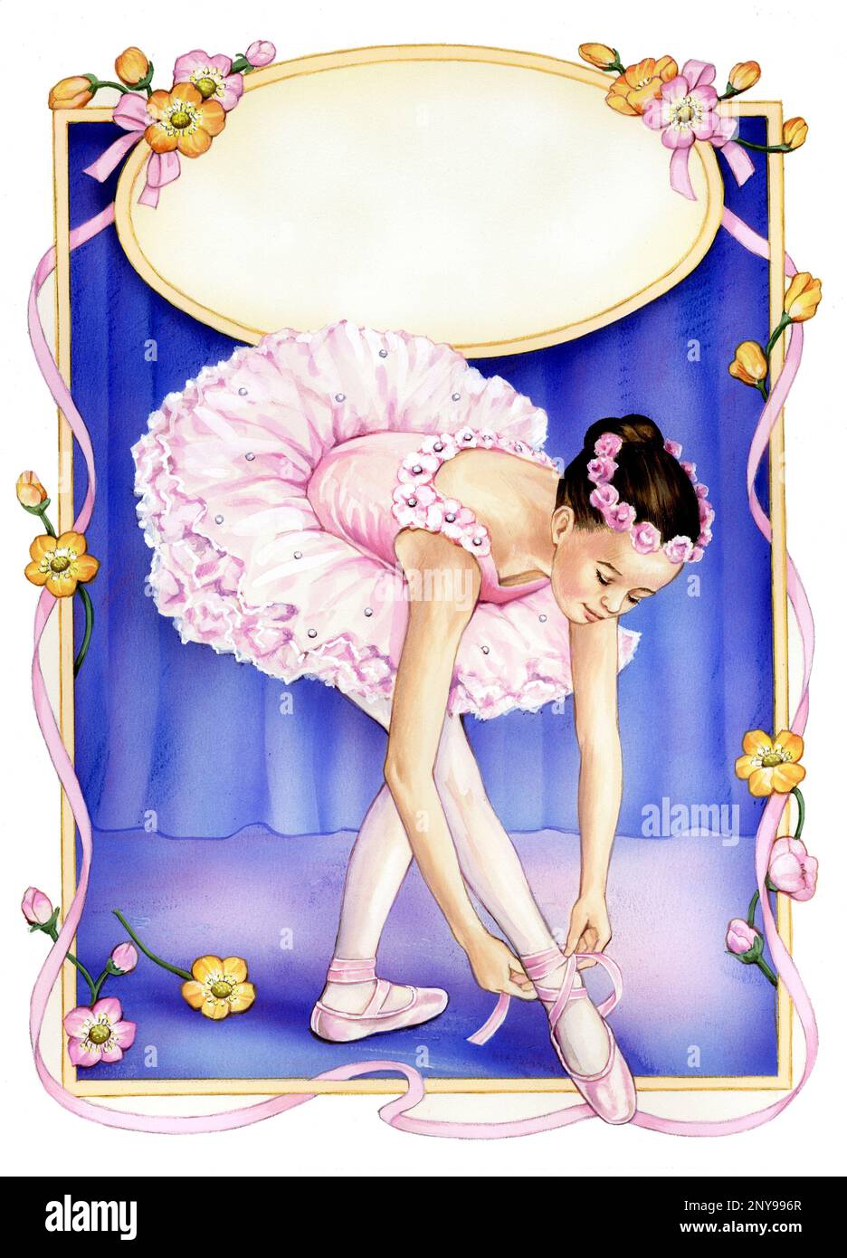 BALLET-Balerina in pink tutu tying slipper floral & ribbon border 0n ...