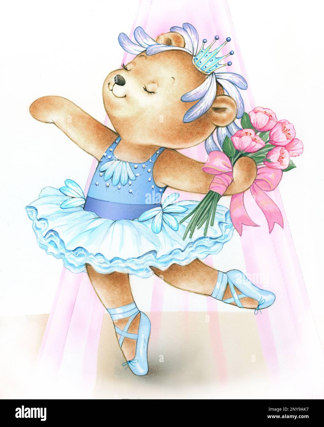 Ballet-teddy dancing in blue tutu with roses on white Stock Photo - Alamy