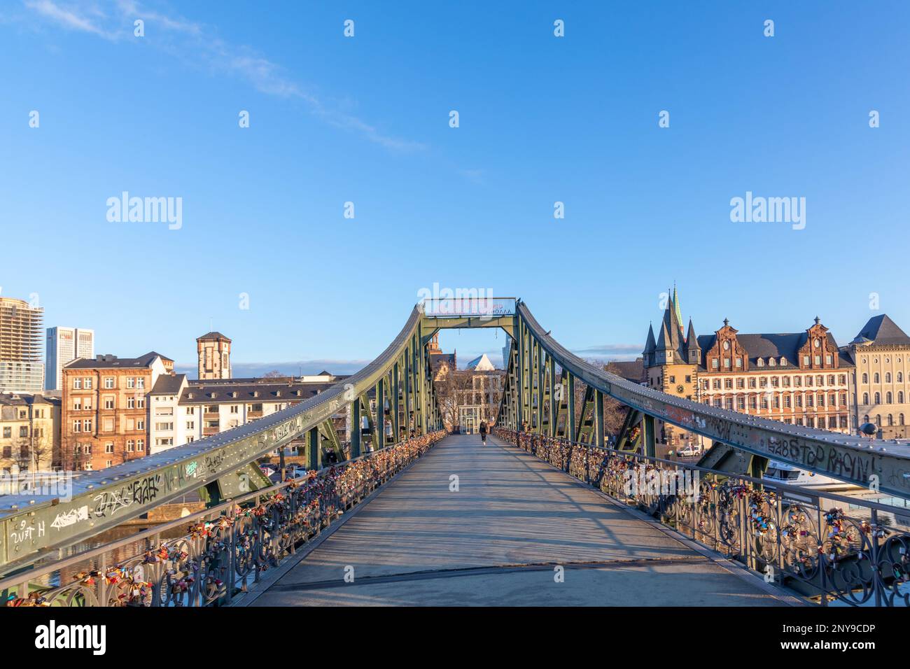 Frankfurt, Germany - February 28, 2023: view to skyline of Frankfurt from pedestrian bridge ...