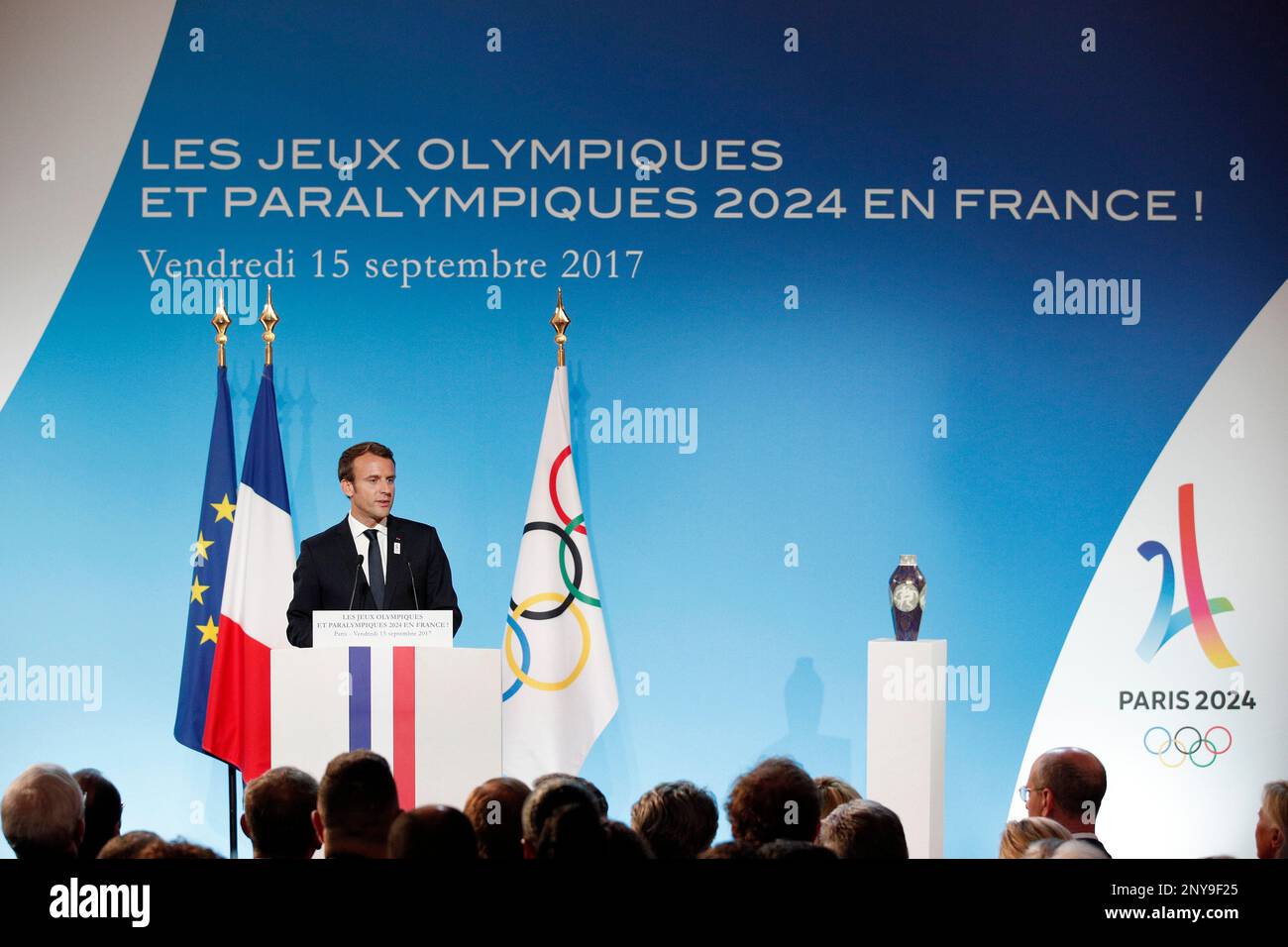 France's President Emmanuel Macron, delivers a speech during a ceremony ...