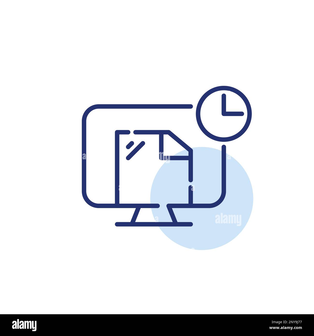 Monitor desktop PC with file and clock. Working hour schedule. Pixel perfect, editable stroke ...