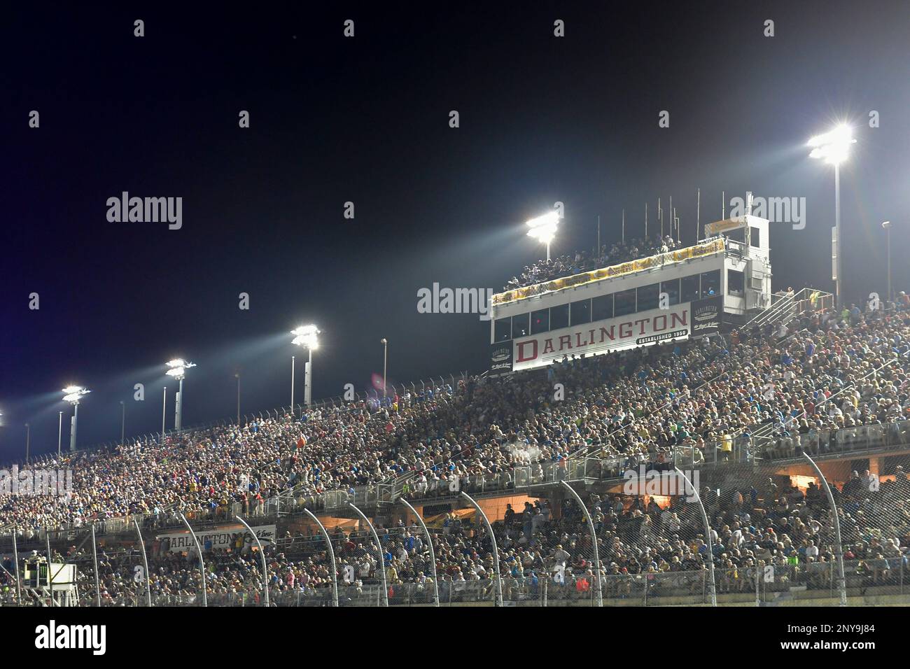 A general view of the spotter's tower and front stretch grandstand ...