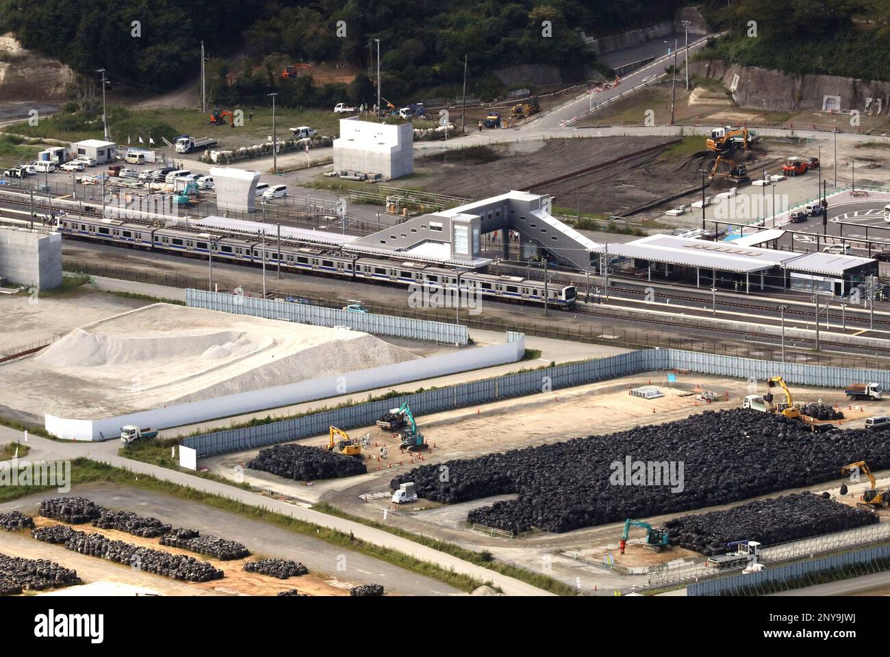 This aerial photo shows a test running of JR Joban line at Tomioka ...