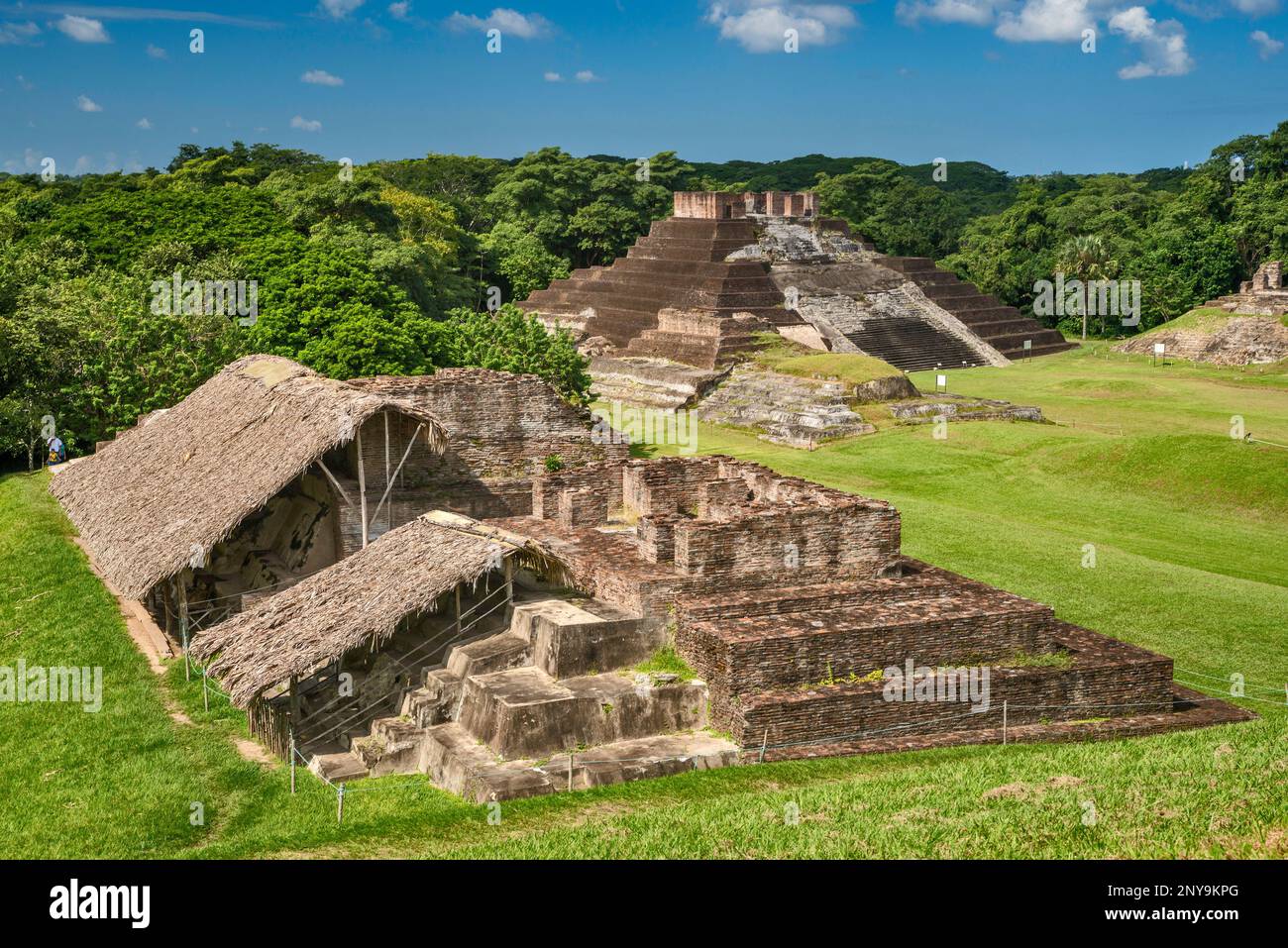 Templo VI in foreground, Templo I in distance, Maya ruins at Comalcalco ...