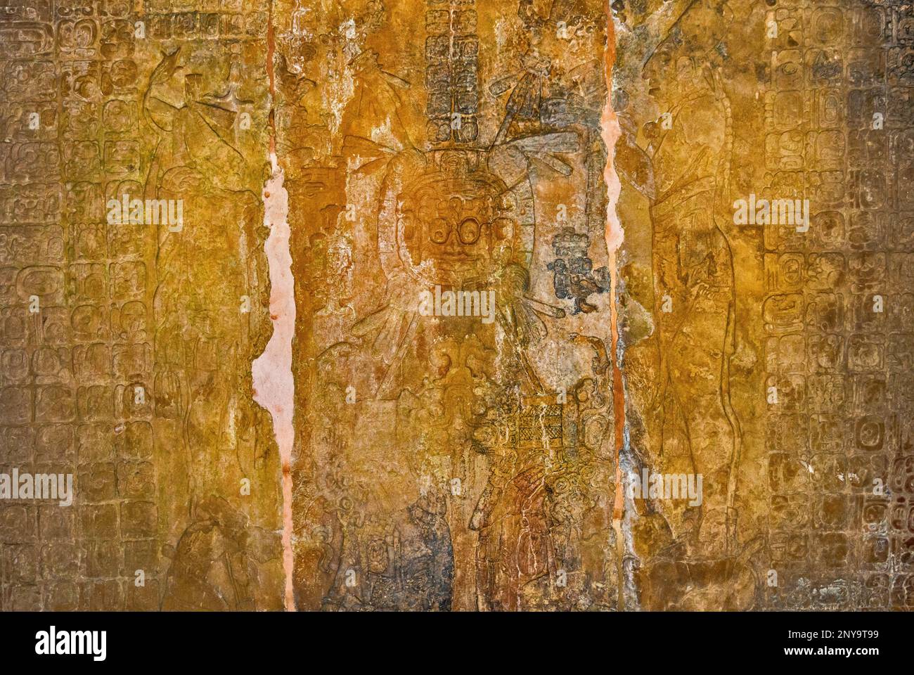 Carving panel depicting King Pakal and his son Cham-Bahlum before god ...