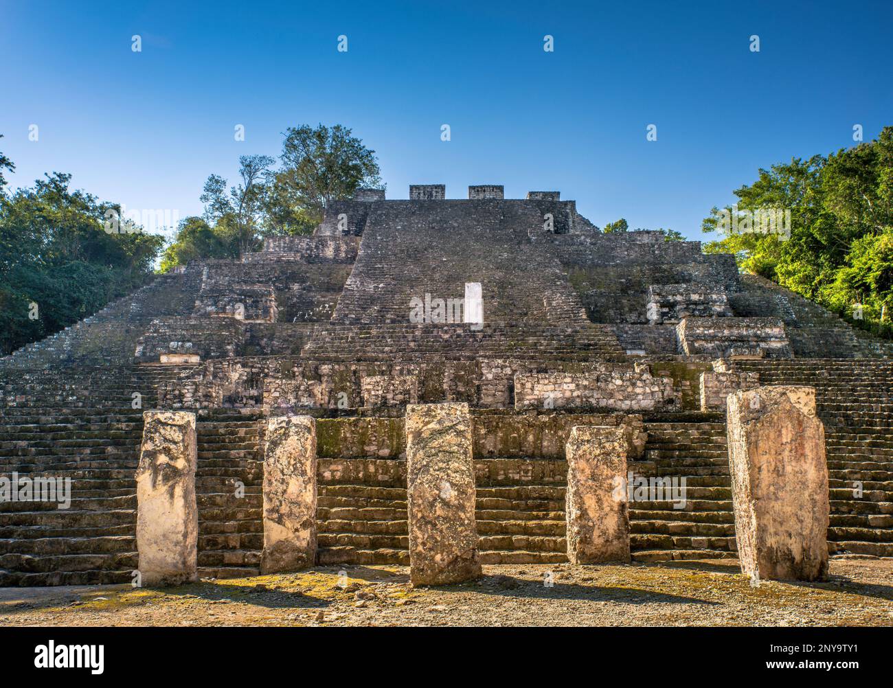 Stelae at Estructura II (Structure 2) pyramid, Maya ruins at Calakmul ...