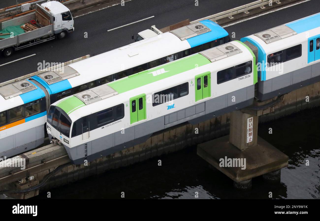 An aerial photo shows the trains of the Tokyo Monorail Haneda Airport ...
