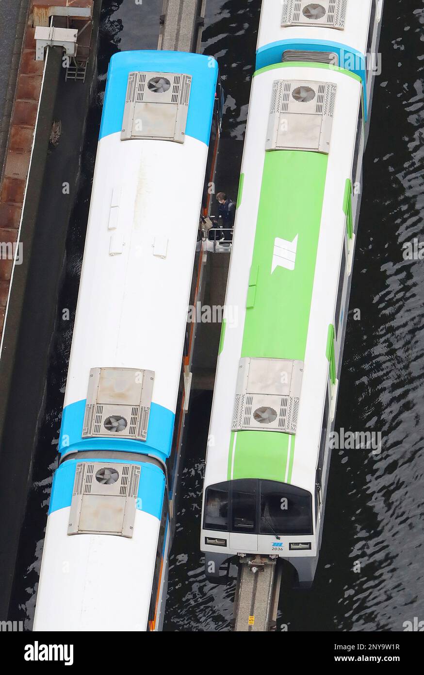An aerial photo shows the trains of the Tokyo Monorail Haneda Airport ...