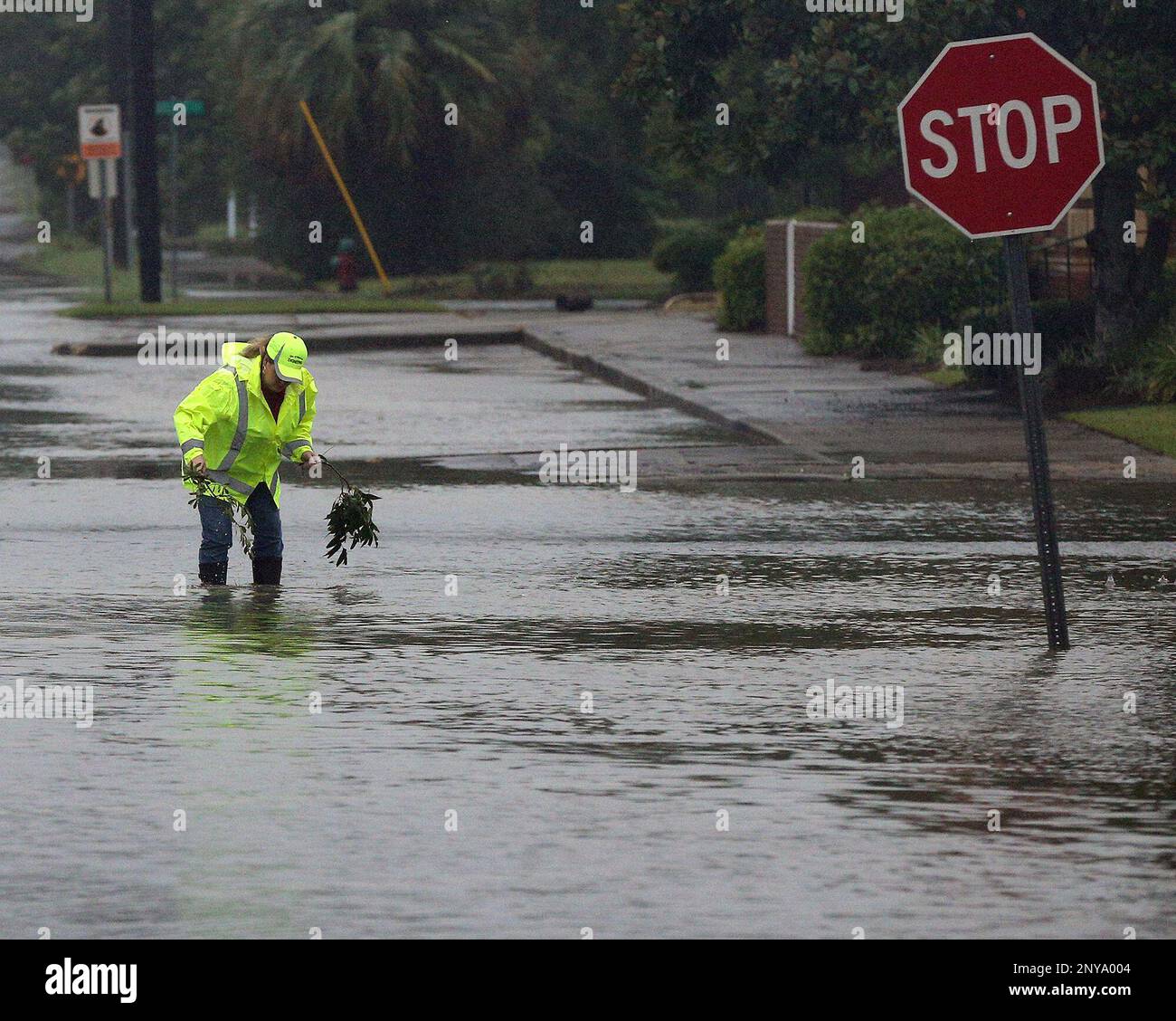 A city employee works to clear storm drains on flooded Isabella Street ...