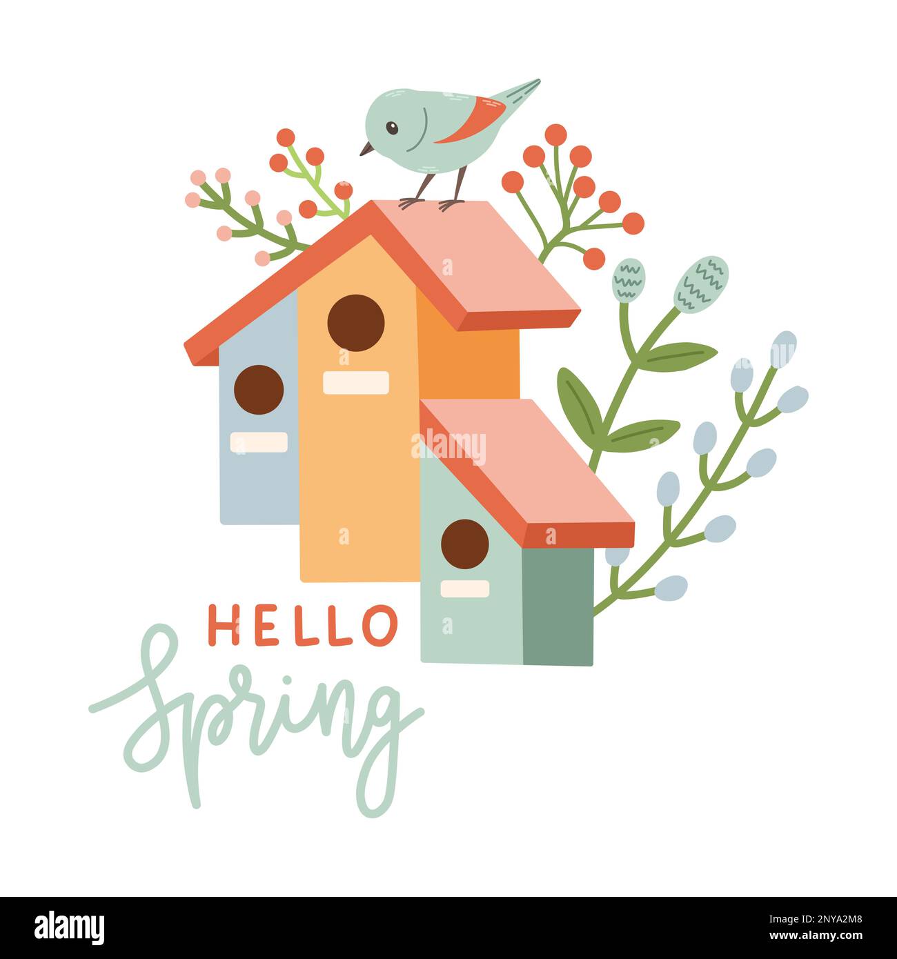 Spring birdhouse. Spring mood greeting card template. Welcome spring ...