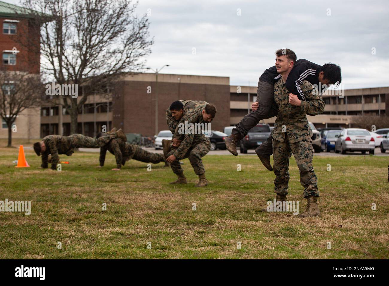 U.S. Marines from various units conduct a physical fitness circuit ...