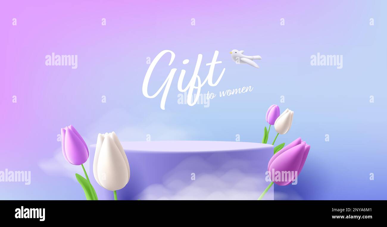 Spring podium mockup surrounded bu tulip flowers and clouds, romantic ...
