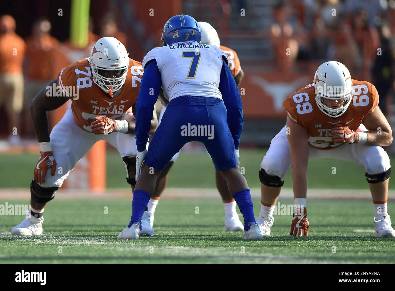 Texas Longhorns offensive lineman Denzel Okafor (78) on the line of ...