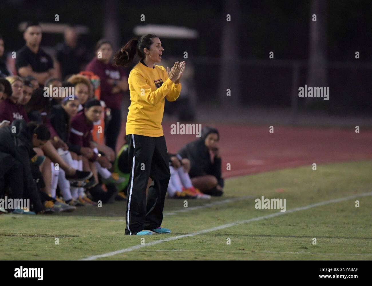 Cal State Dominguez Hills coach Aileen Nasypany reacts during a ...