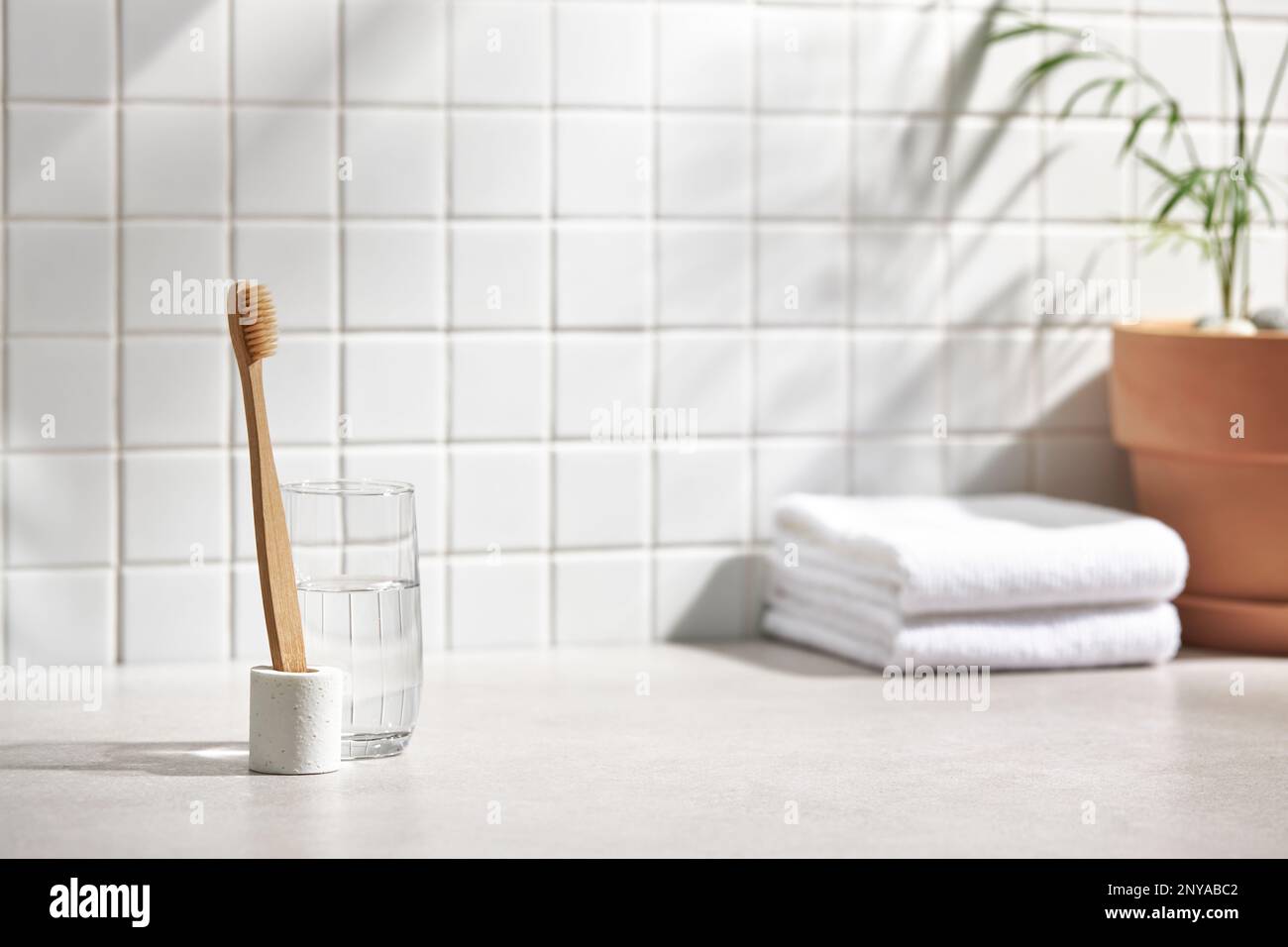 Various objects on a white tile background with warm sunlight shining ...