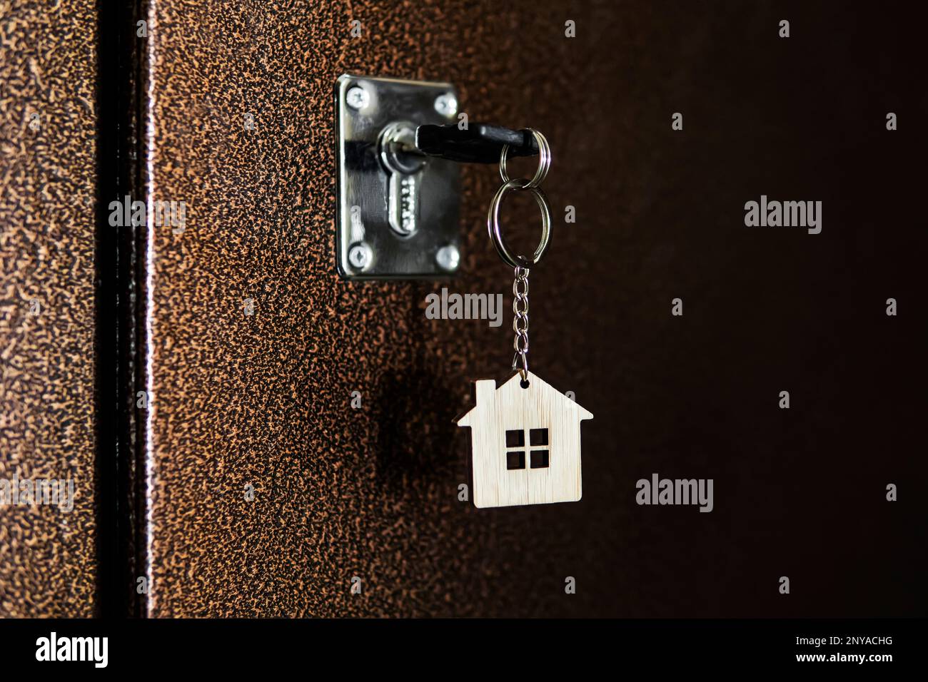 A key in a lock with house icon. the process of opening the front door ...