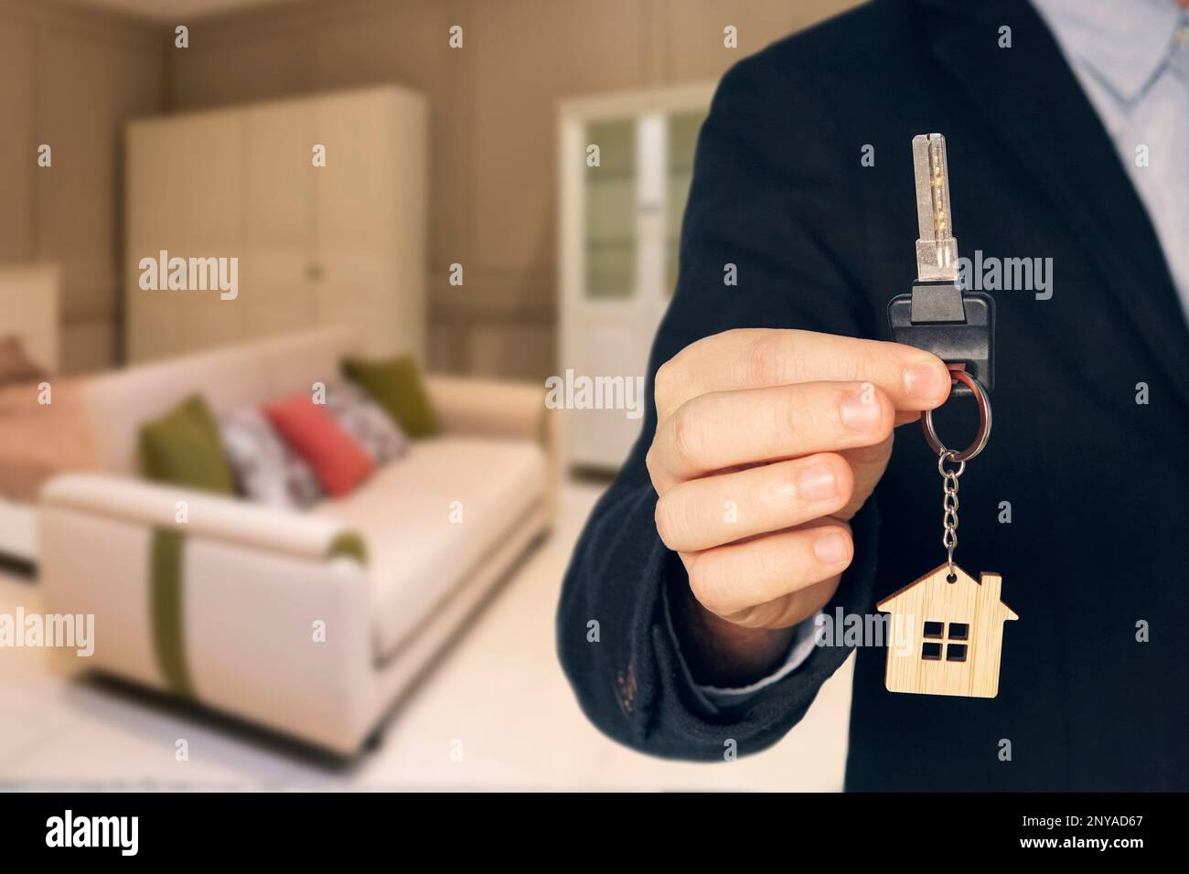 real estate agent gives the keys on the background of the living room ...
