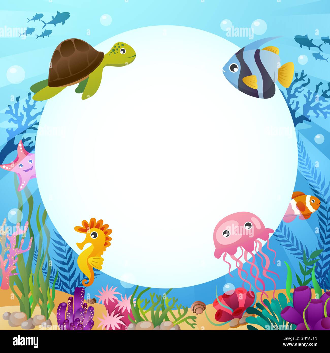 Sea life animals with ocean scene and circular copy space . Cartoon ...