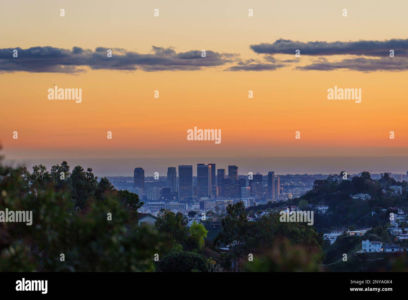 Iconic Los Angeles downtown view at sunset during the golden hour seen ...