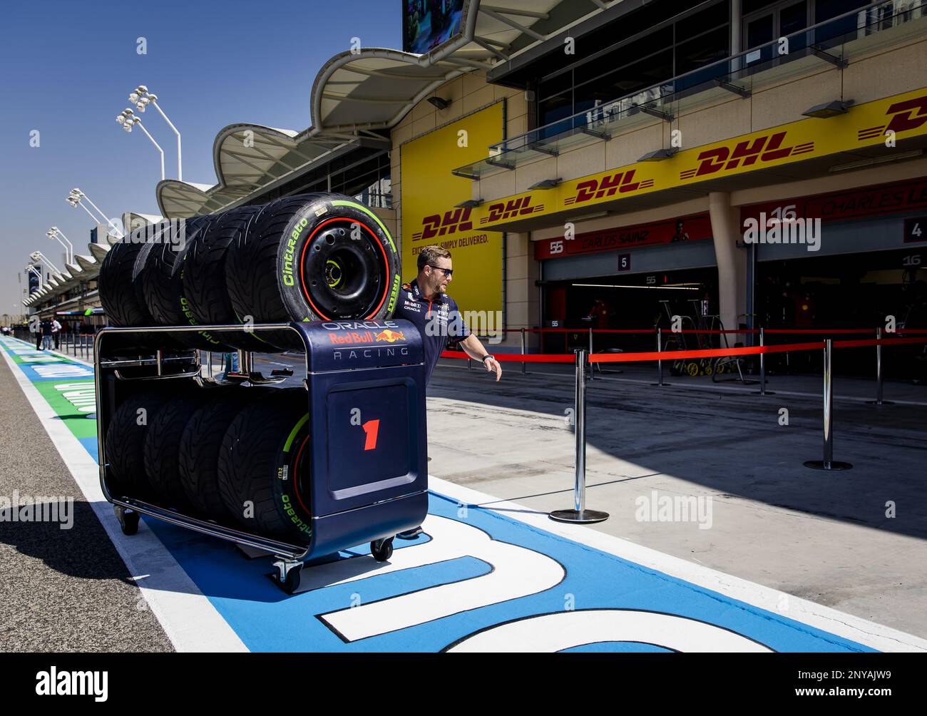 BAHRAIN - An engineer wearing Max Verstappen's (Red Bull Racing) tires ...