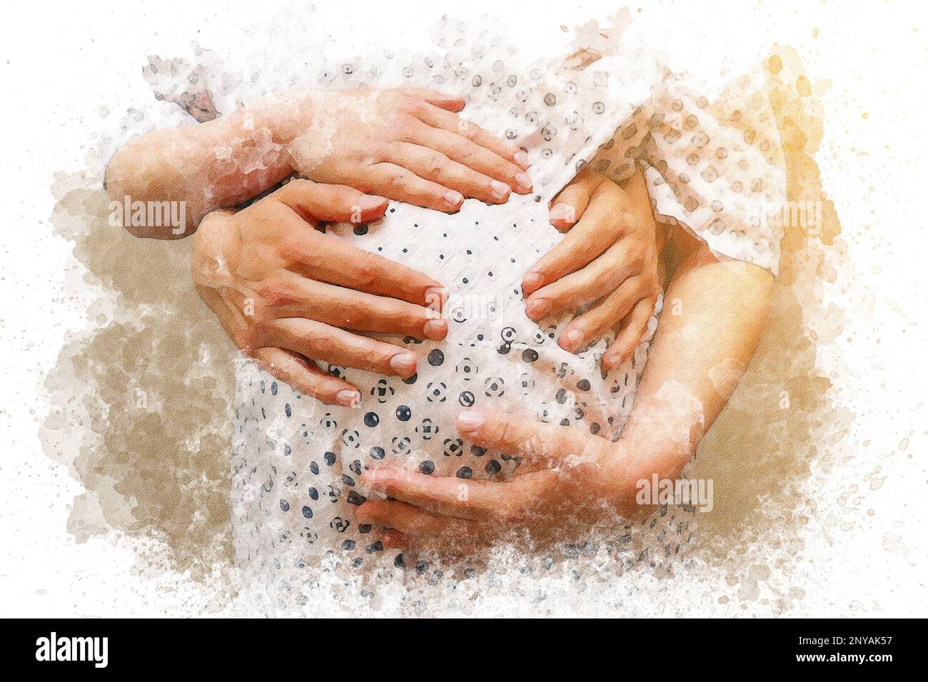 Watercolor beautiful pregnant woman and her handsome husband hugging ...