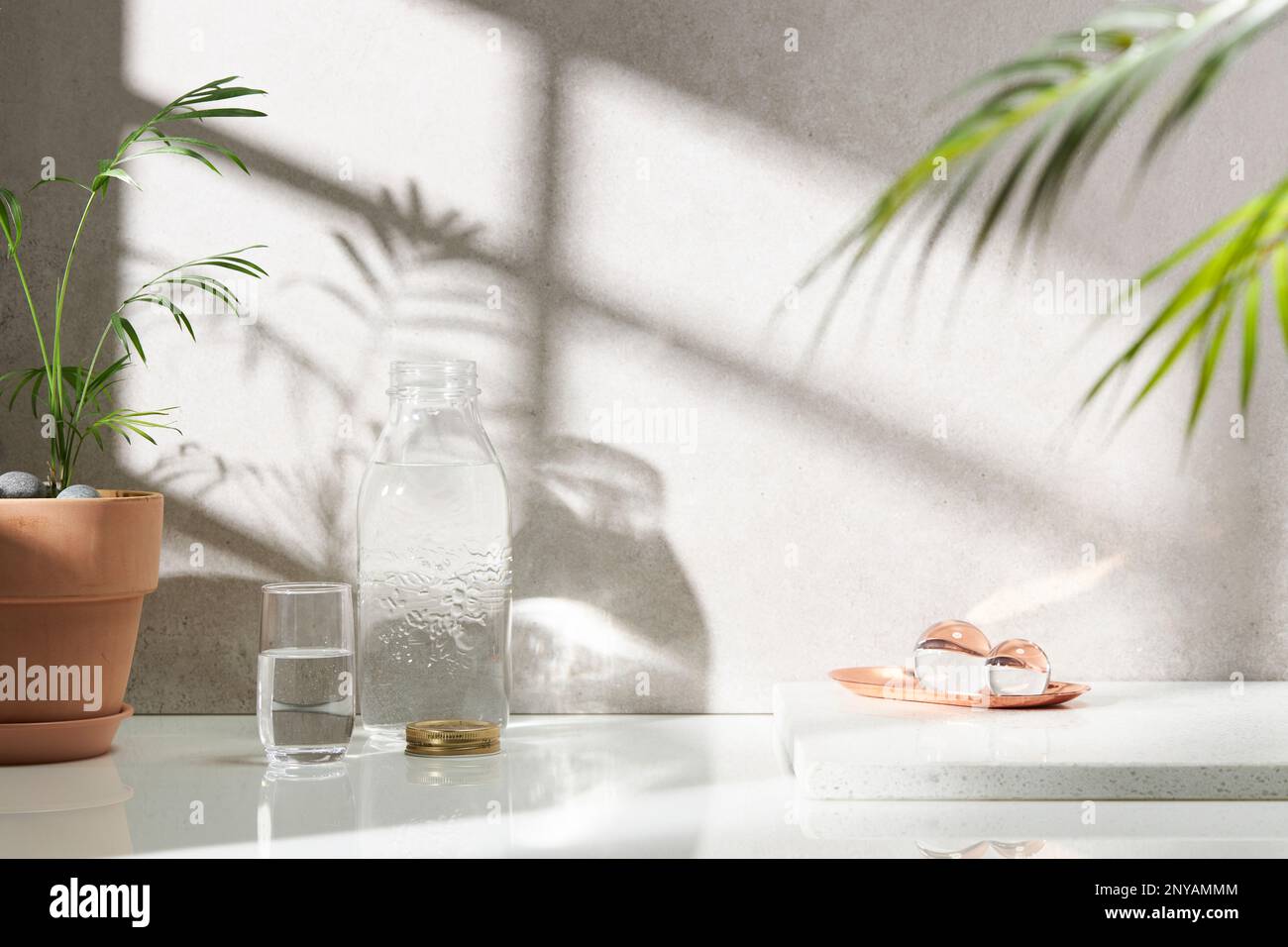 Various objects on a white tile background with warm sunlight shining ...