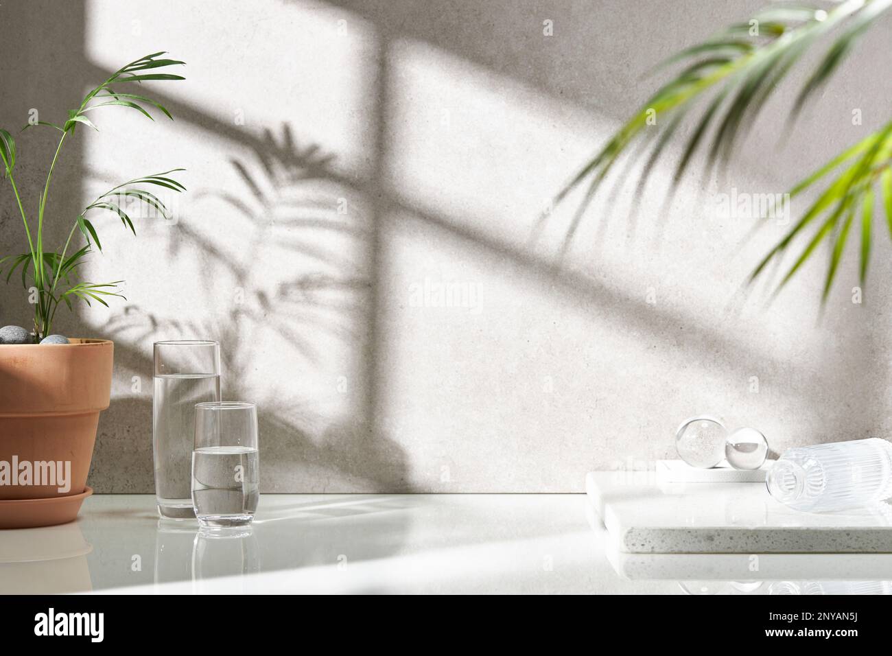 Various objects on a white tile background with warm sunlight shining ...