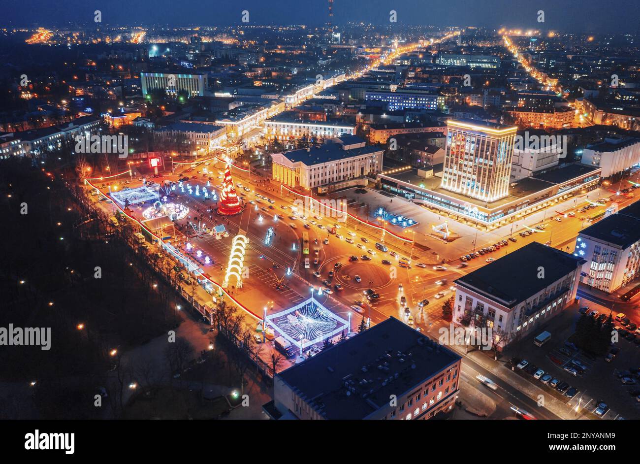 Evening Night Aerial View Cityscape Of Night City Life. Aerial Night ...