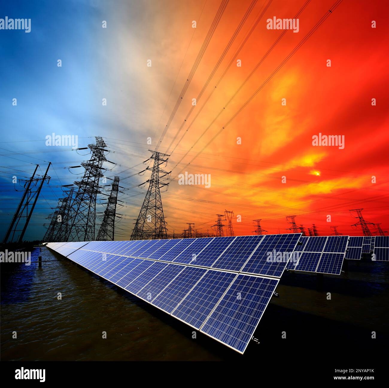 Solar panels and electrical towers, power equipment Stock Photo - Alamy