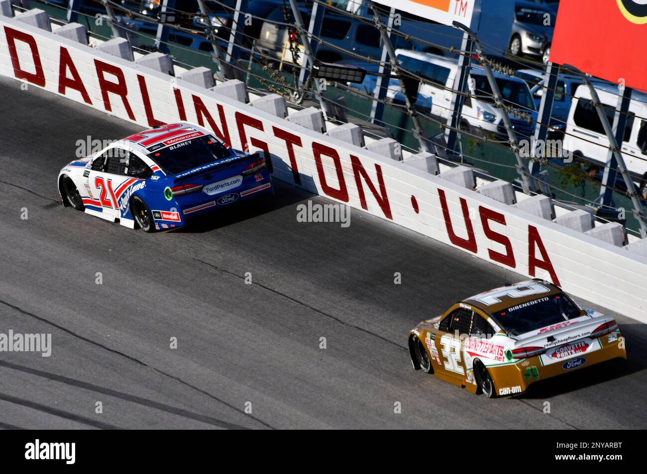 Ryan Blaney (21) and Matt DiBenedetto (32) during the NASCAR Monster ...