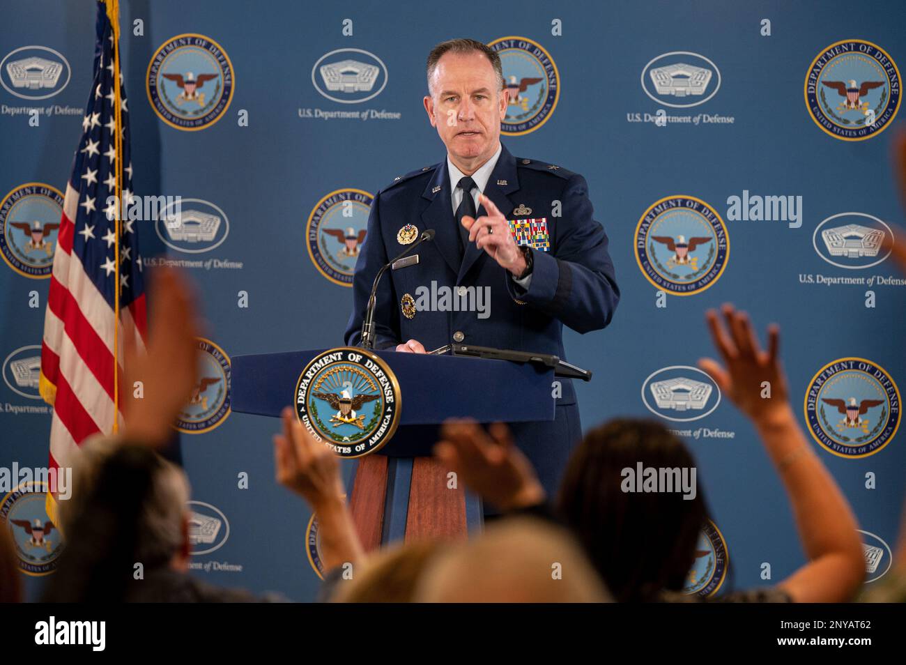 Pentagon Press Secretary U.S. Air Force Brig. Gen. Pat Ryder conducts a press briefing at the ...