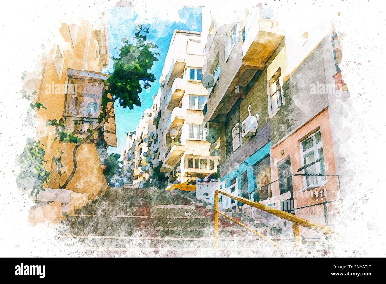 Watercolor street view in Izmir (Smyrna), Turkey. Aegean sea. Karatas ...