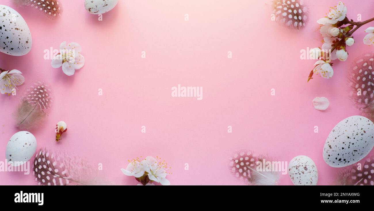 Easter border frame of Easter eggs and spring flowers with copy space ...