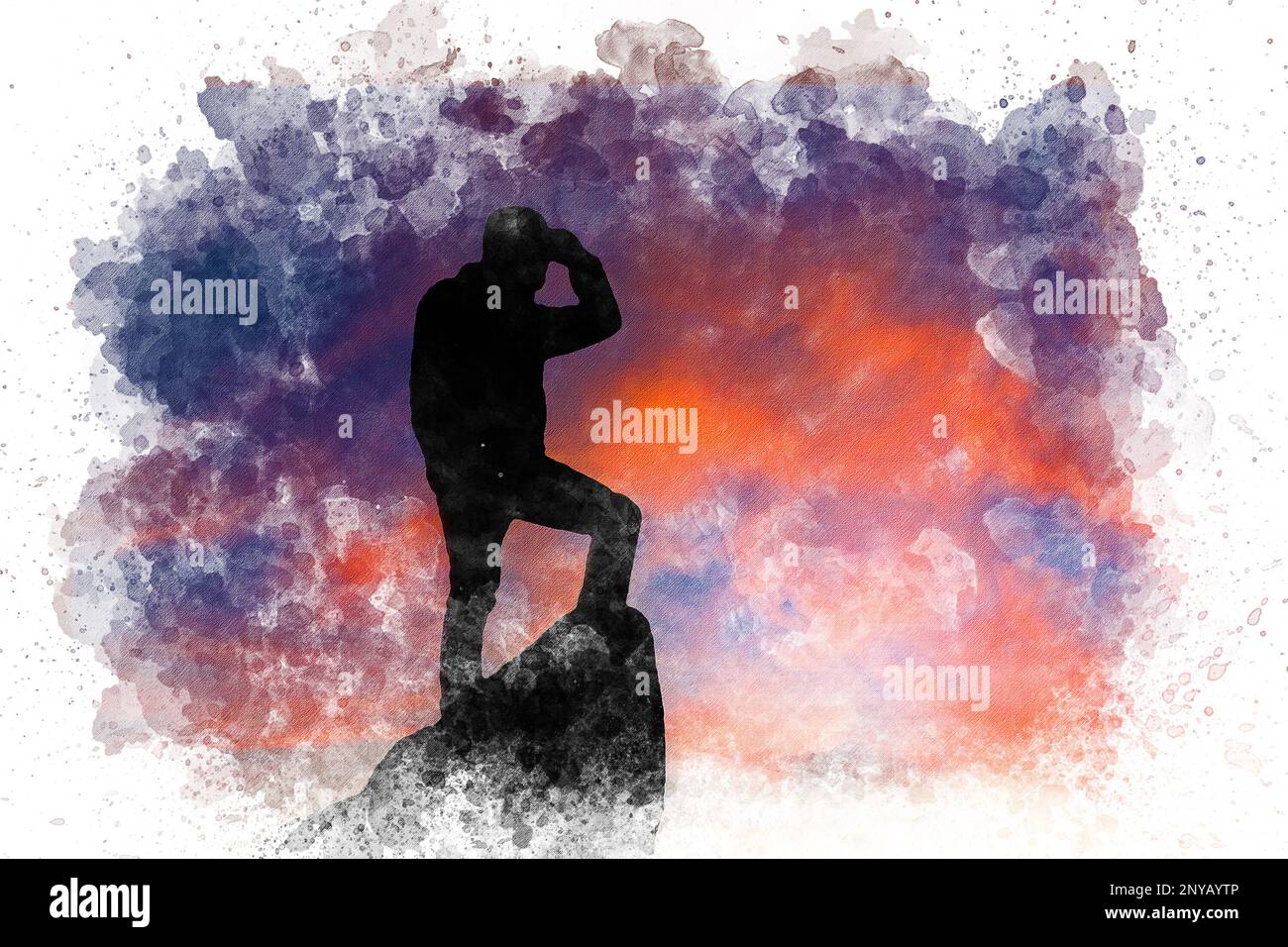 Watercolor hiker on top of the mountain. Sporty man standing on stone ...