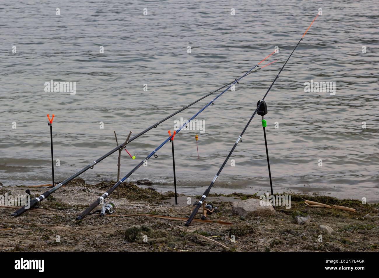 Fishing rods and fishing gear on the river bank, lake coast close up ...